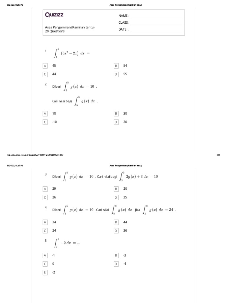 Calculus Quiz: Definite Integrals | PDF