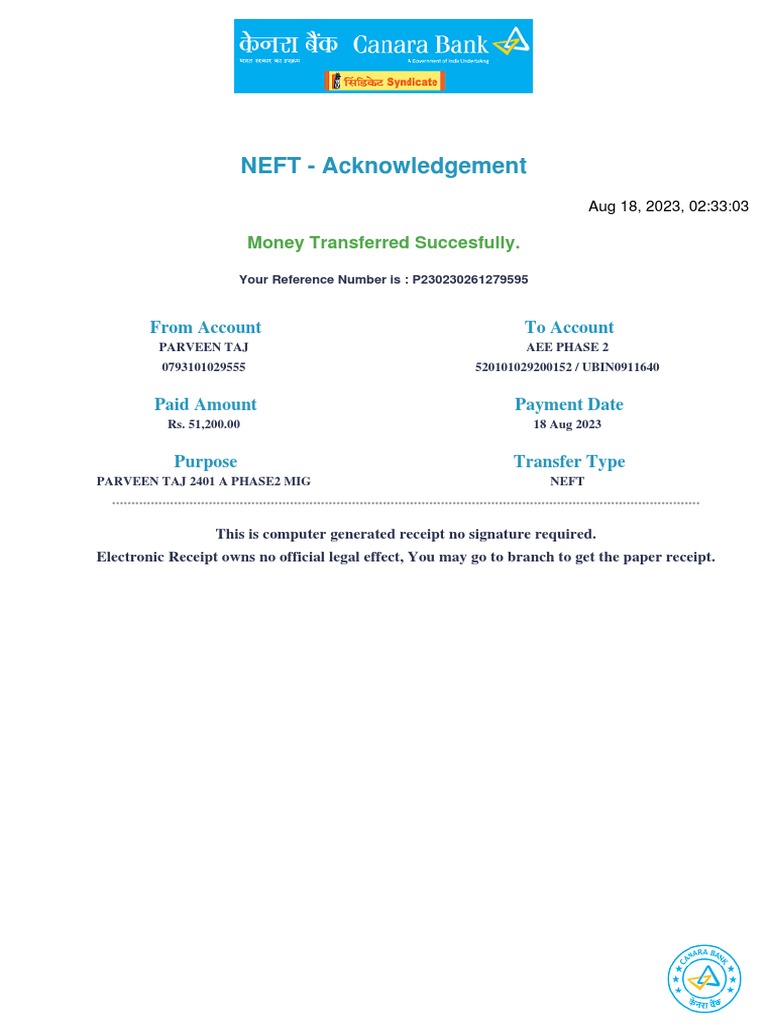 NEFT - Acknowledgement: Money Transferred Succesfully | PDF