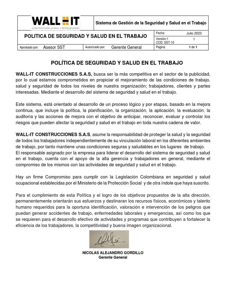 SST - 10 Política de Seguridad y Salud en El Trabajo | PDF | Valores | Seguridad y salud ocupacional