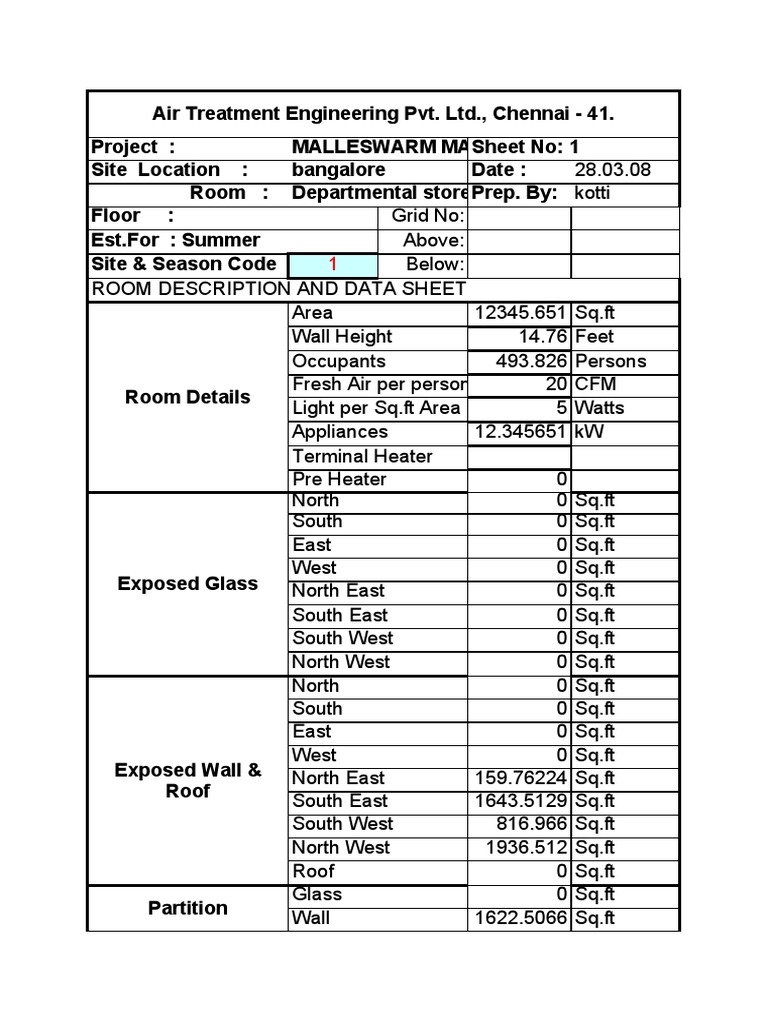 Heat Load Calculation Sheet Full and Detailed | PDF | Wall | Ceiling