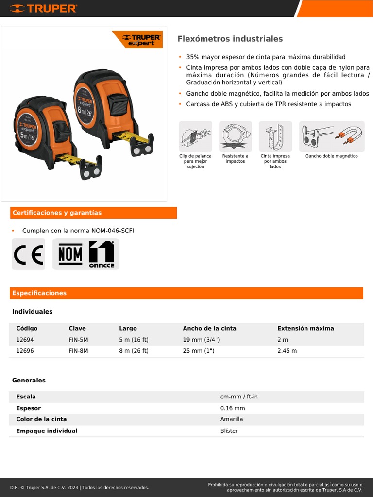 Ficha Técnica de Flexómetro Truper 14578 | PDF