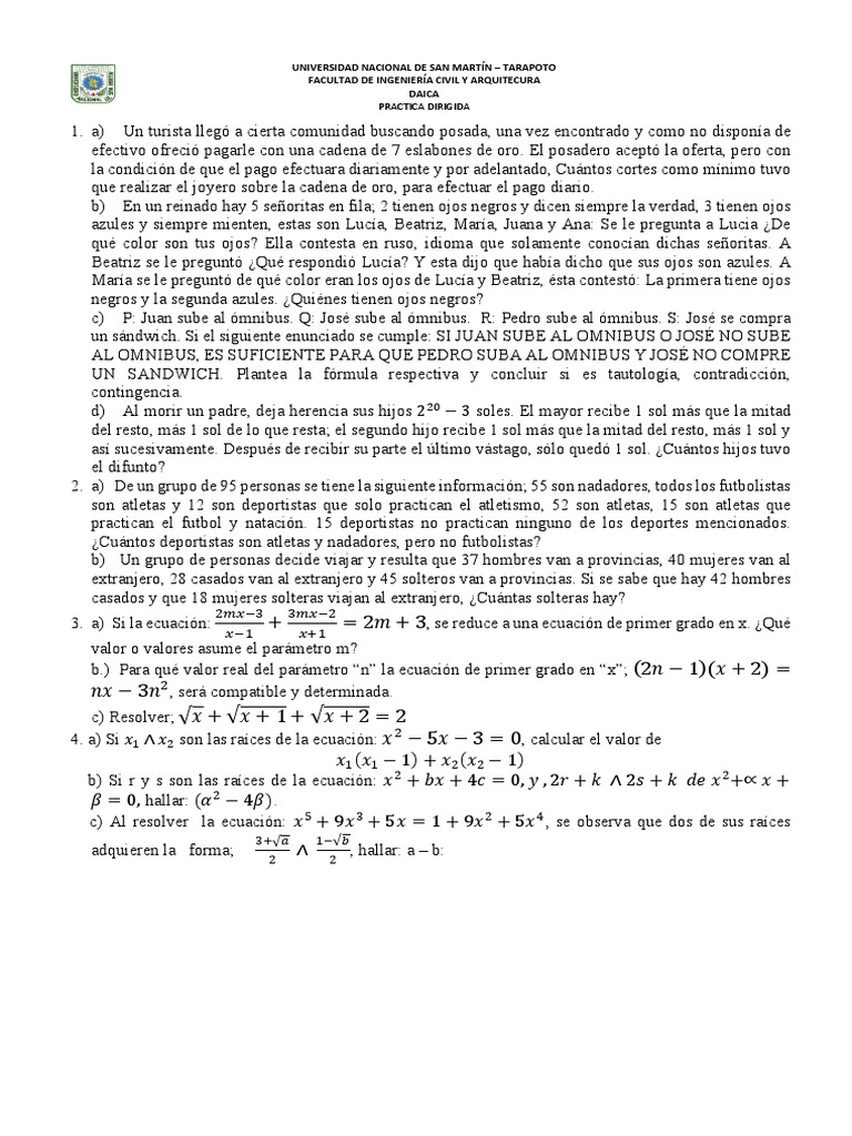 Practica Dirigida Matematica | PDF | Ecuaciones
