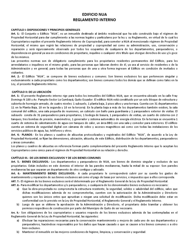 Reglamento Interno del Edificio NUA | PDF | Condominio | Propiedad