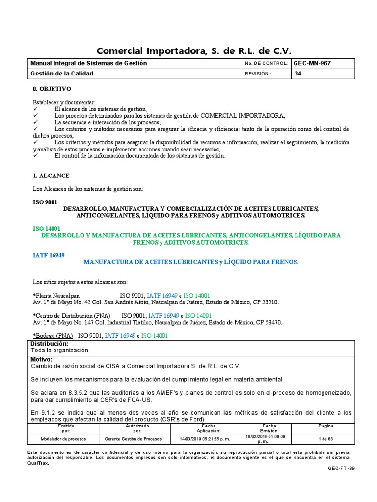 Manual Ejemplo IATF | PDF | Calidad (comercial) | Gestión de la calidad