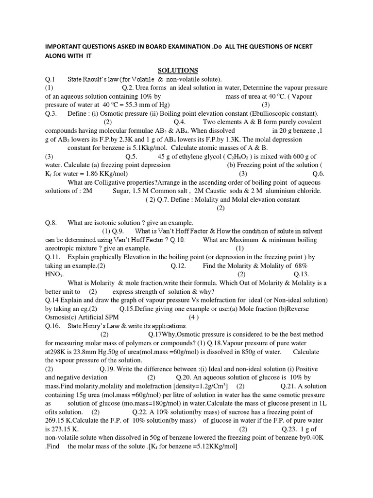 Important Questions Asked in Board Examination | PDF | Chemistry ...
