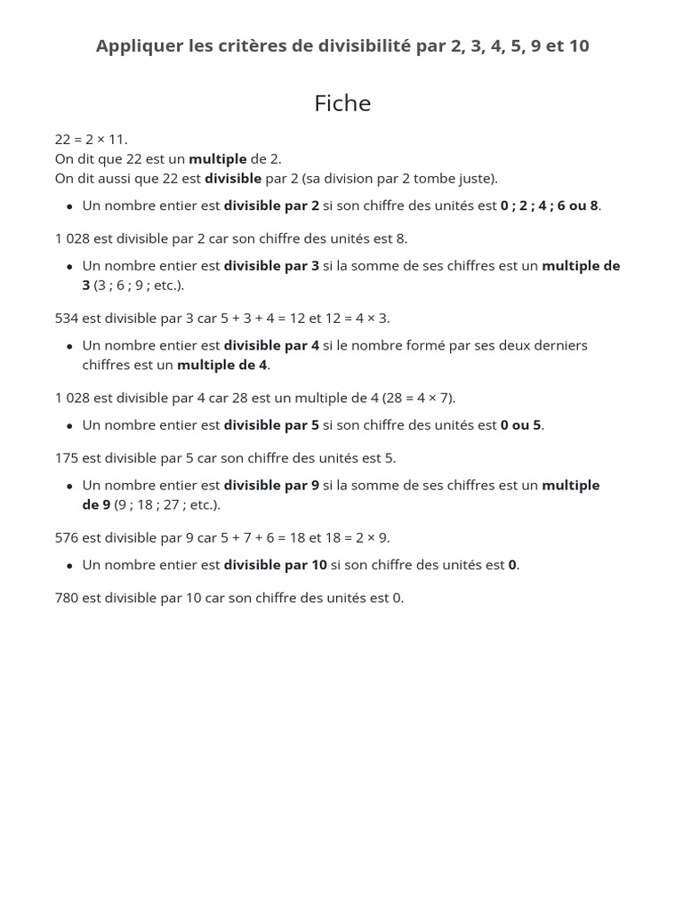 Appliquer Les Critères de Divisibilité Par 2, 3, 4, 5, 9 Et 10 ...