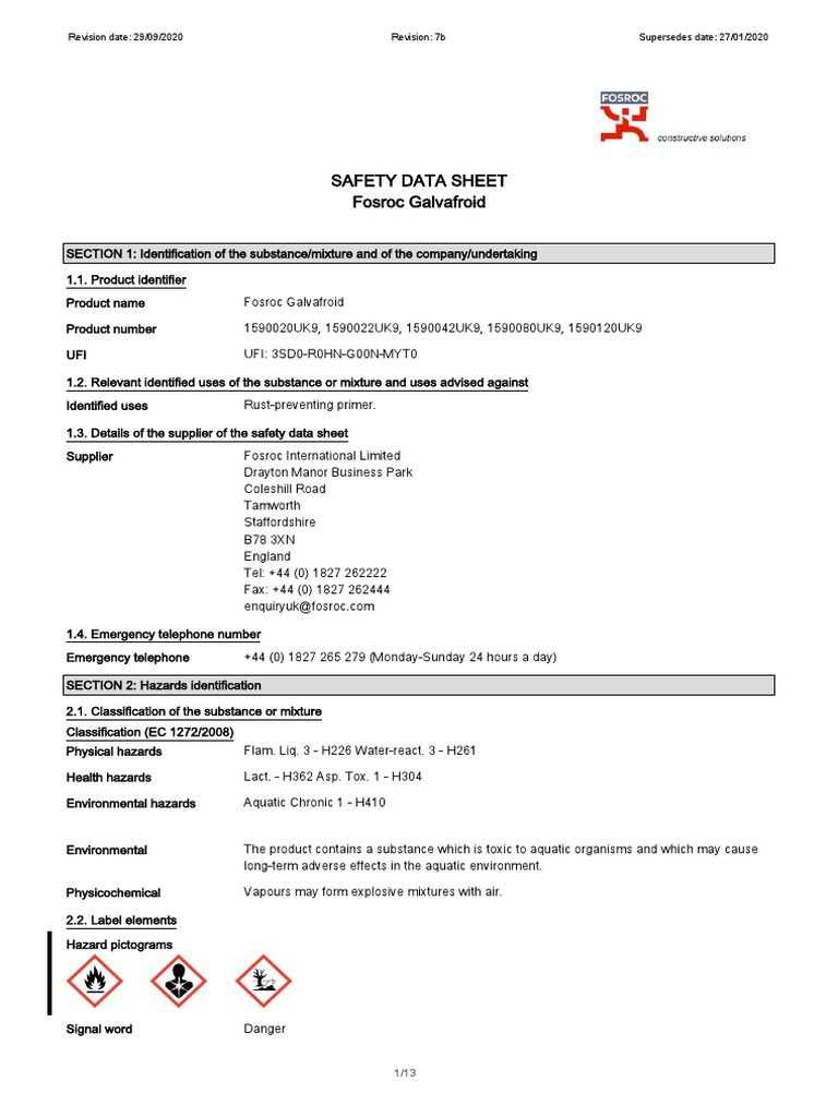 Fosroc Galvafroid Safety Data Sheet | PDF | Toxicity | Reactivity ...