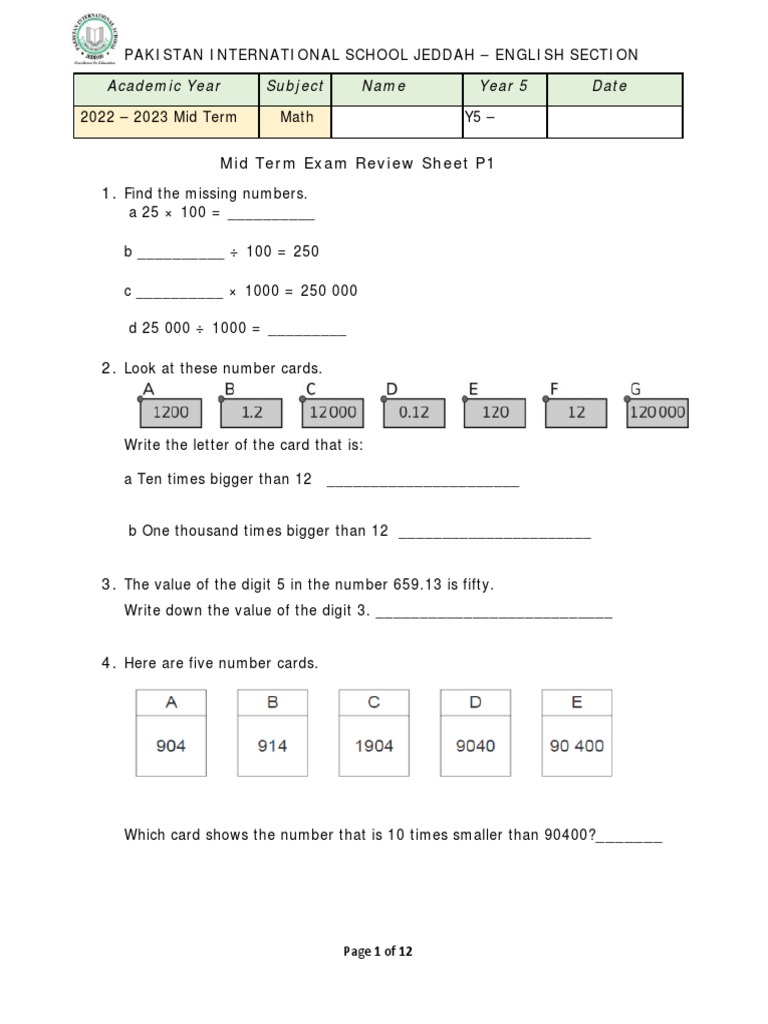 Mid Term Exam Review Sheet P1 | PDF | Numbers | Triangle