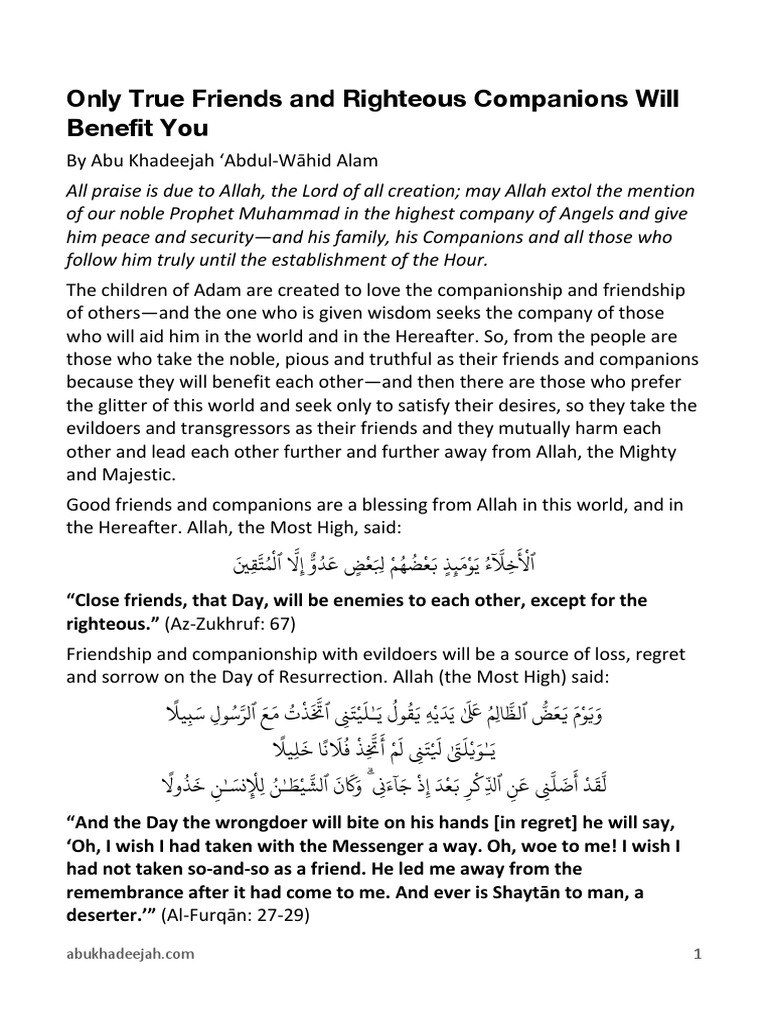 Friends and Righteous Companions Will Benefit You | PDF | Muhammad ...