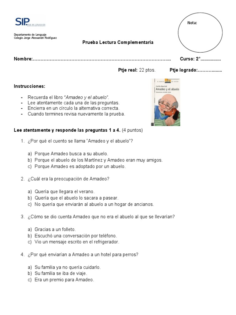 Amadeo y El Abuelo, Prueba Lectura | PDF