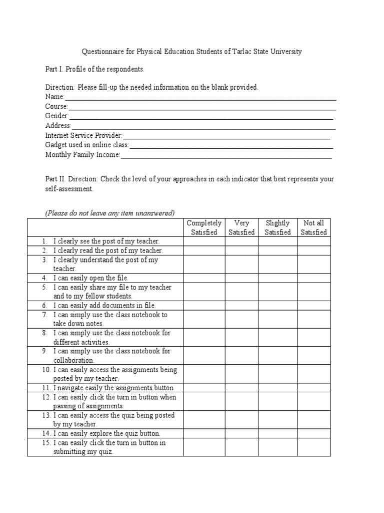 Physical Education Student Questionnaire | PDF