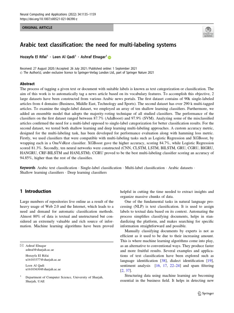 Arabic Text Classification: The Need For Multi-Labeling Systems | PDF | Deep Learning ...