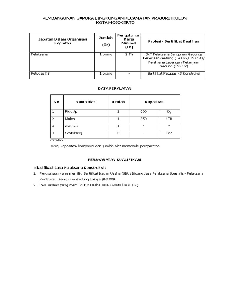 G. H. K. DATA KUALIFIKASI PERSONIL DAN PERUSAHAAN PEMBANGUNAN GAPURA LINGK PRALON | PDF