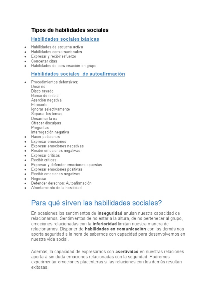 Tipos de Habilidades Sociales | PDF | Las emociones | Habilidades sociales