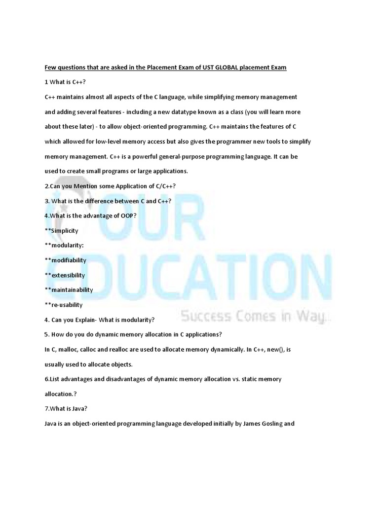 UST Global Placement Exam C++ Questions | PDF | Computers | Technology ...