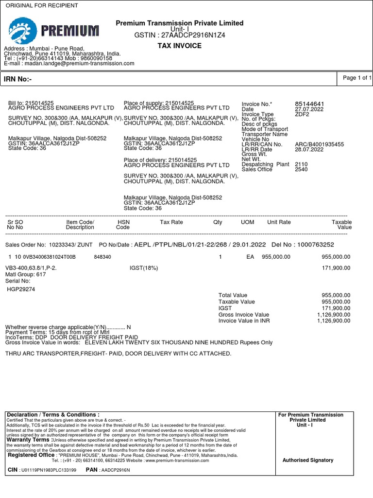 Agro Process Invoice For vb400 | PDF
