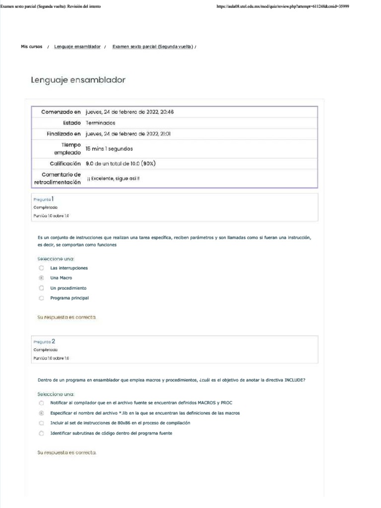 PDF Revision Del Intento Examen 6 Lenguaje Ensamblador 2do Intento - Compress | PDF