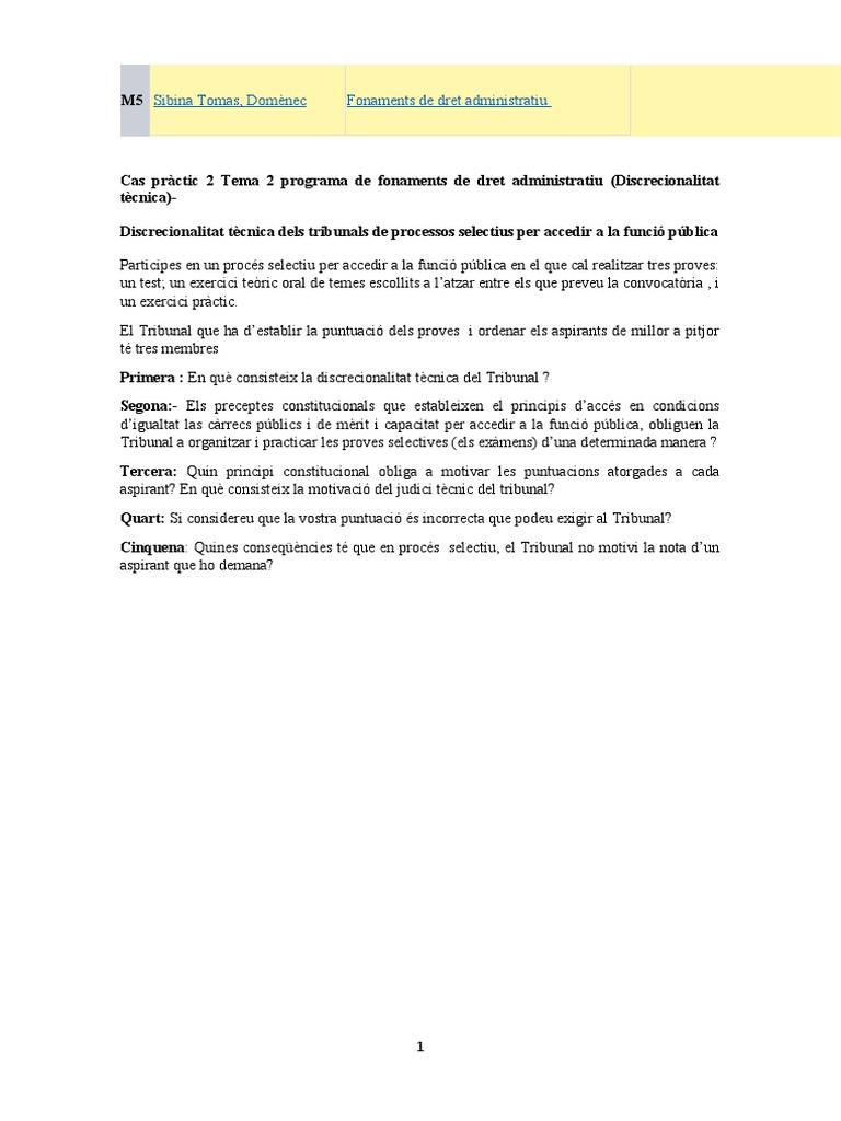 Cas Pràctic 2 Tema 2 Programa de Fonaments de Dret Administratiu (Discrecionalitat Tècnica) | PDF