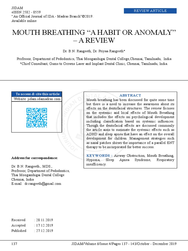 Mouth Breathing A Habit or Anomaly A Review | PDF
