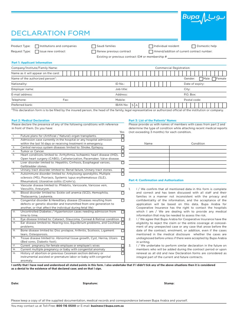 Bupa Arabia Medical Declaration Form | PDF | Autoimmune Disease | Human ...