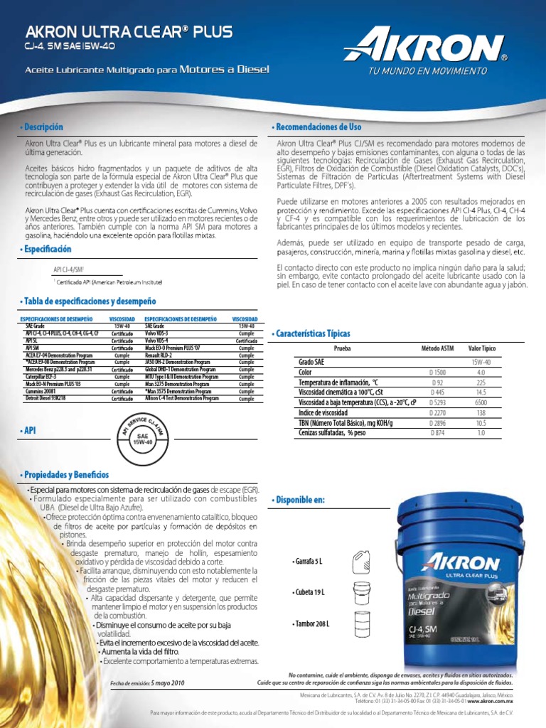 Aceite Akron Ultra Clear Plus CJ-4 ESPECIFICACIONES | PDF