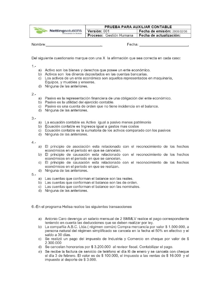 Prueba para Auxiliar Contable | PDF