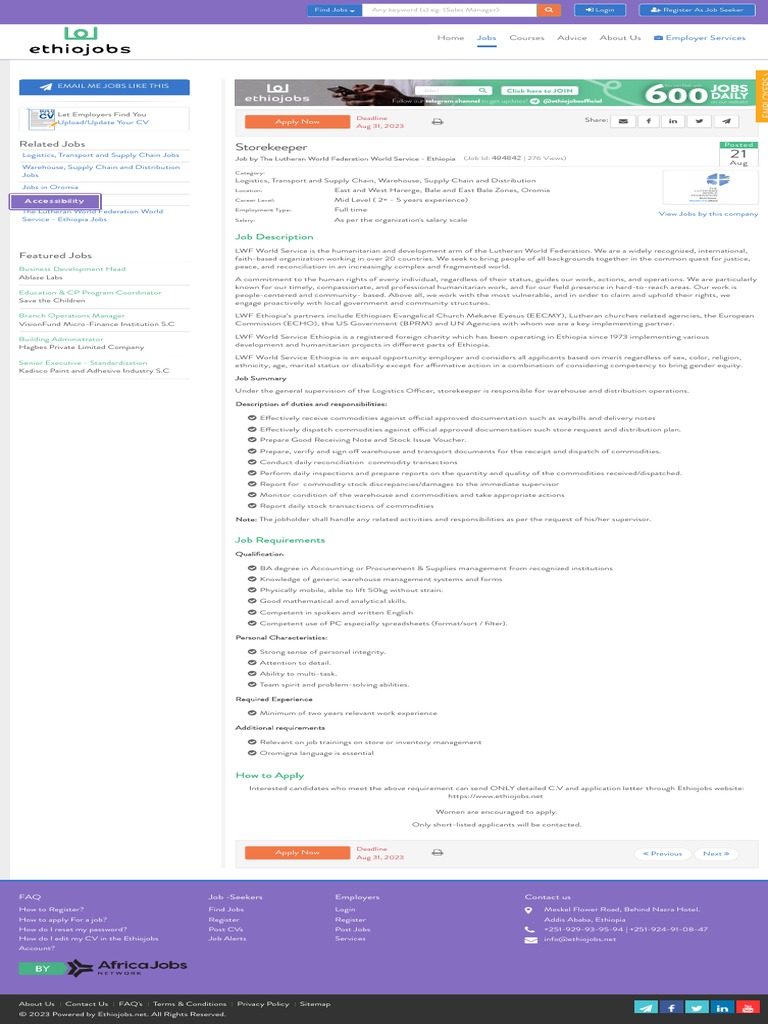 Storekeeper Job at the Lutheran World Federation World Service - Ethiopia _ Ethiojobs | PDF