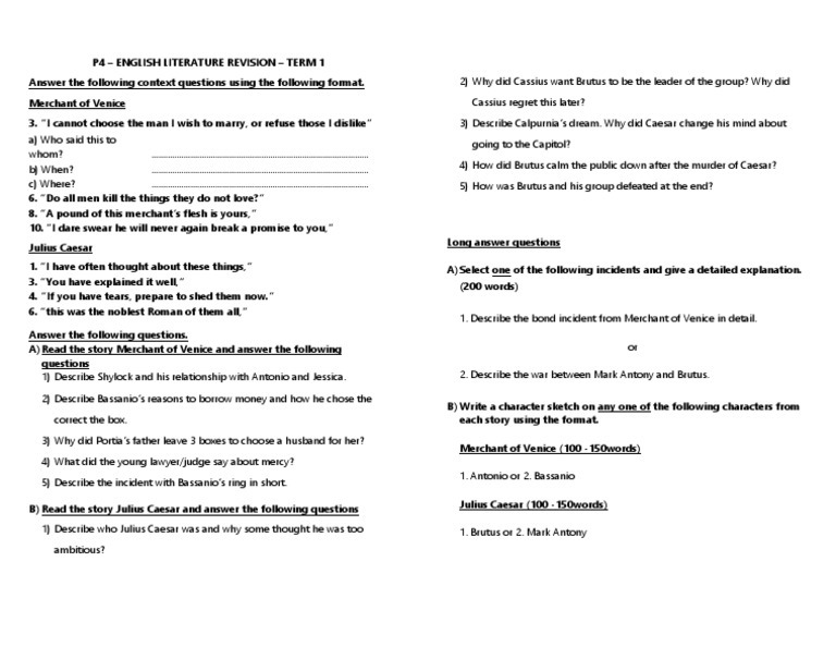 Shakespeare Literature Revision | PDF | The Merchant Of Venice | Julius ...