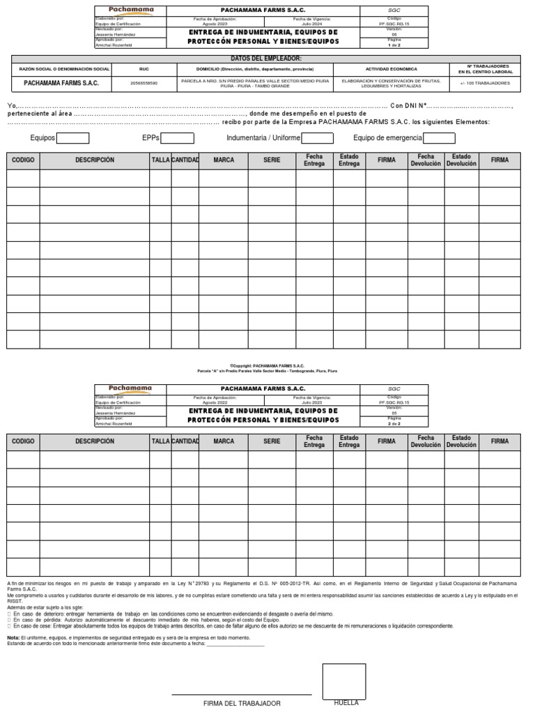 PF - SGC.RG.15 Entrega de Indumentaria y EPP | PDF