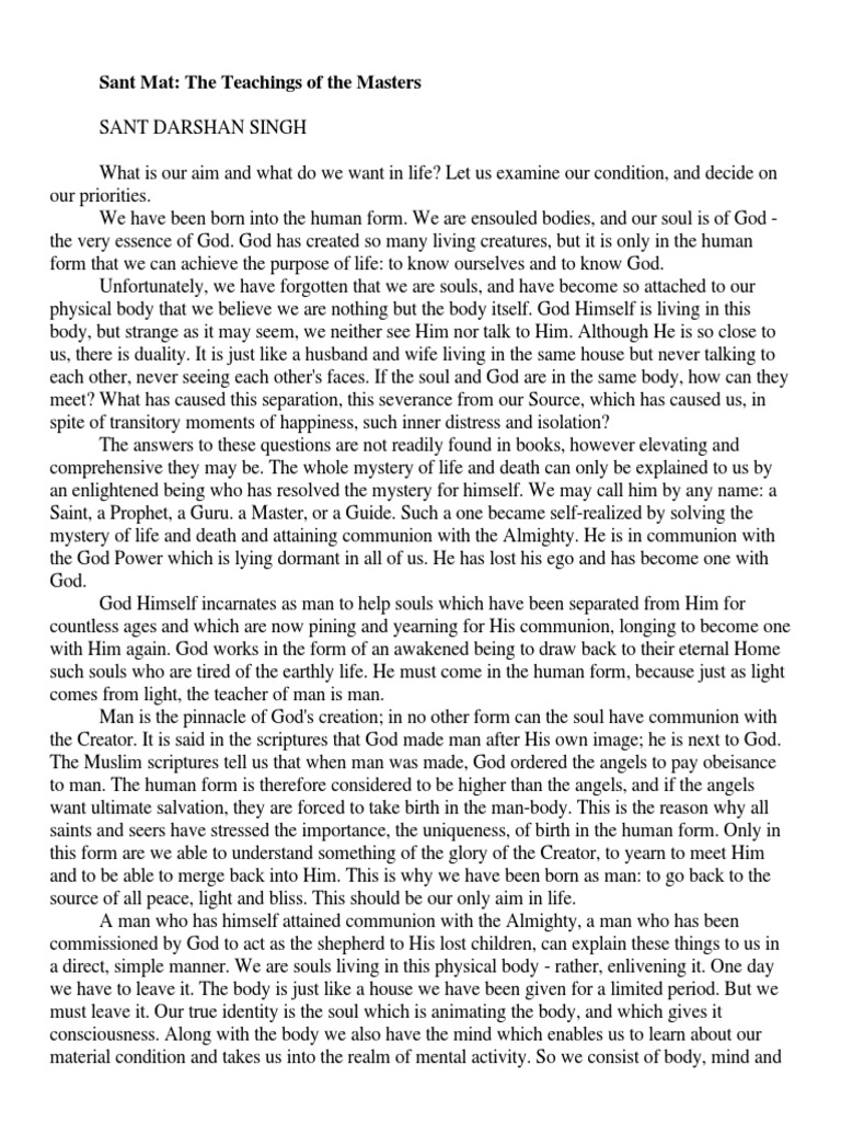 Darshan Singh Sant Mat Teachings of The Masters | PDF | Soul | Guru Nanak