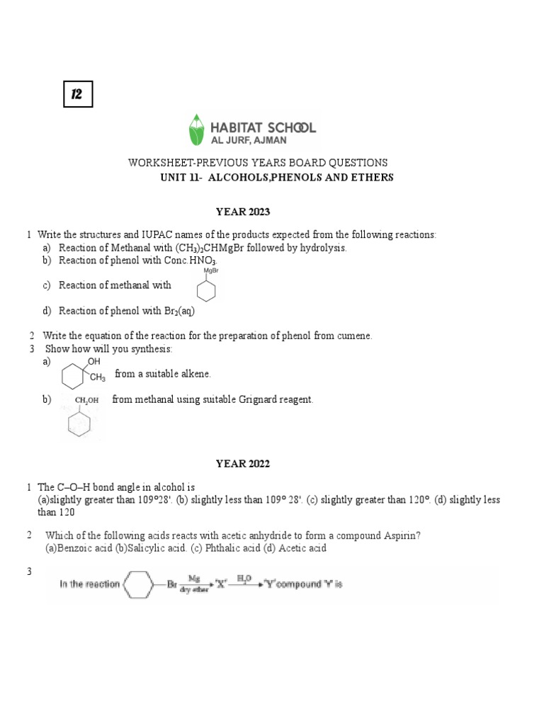 Worksheet-Alcohols, Phenols and Ethers | PDF