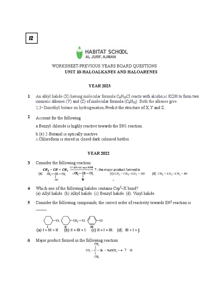 Worksheet-Haloalkanes and Haloarenes | PDF | Chemical Reactions | Chemistry