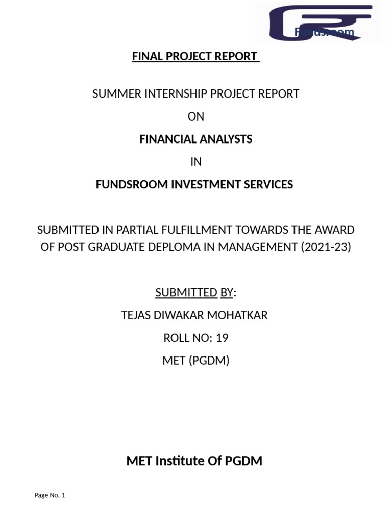 Fundsroom Internship Project Report | PDF | Investment Fund | Investing