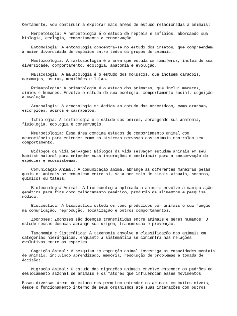 Áreas de Estudo da Biologia Animal | PDF | Biologia | Ecologia