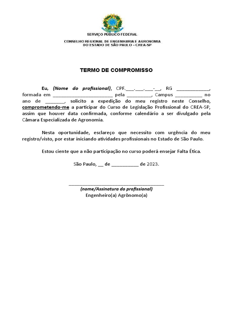 2023-Modelo Termo de Compromisso-Curso de Legislacao Profissional | PDF | Carreira e Crescimento ...