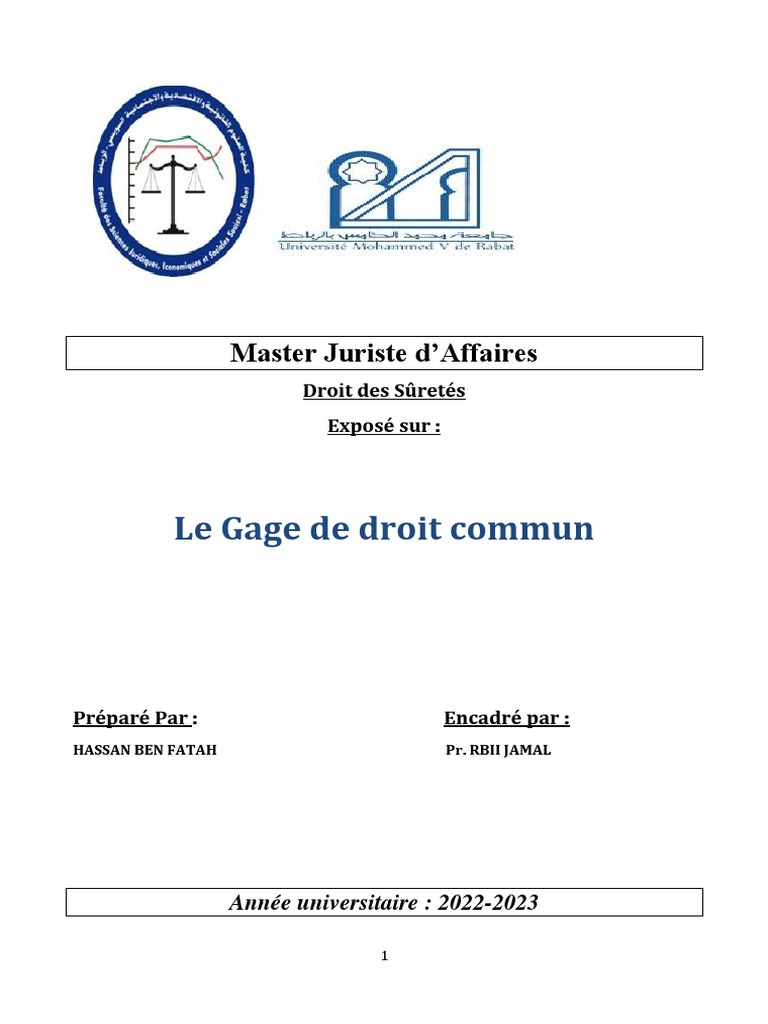 Le Gage : Régime et Comparaison Juridique | PDF | Débiteur | Droit des ...