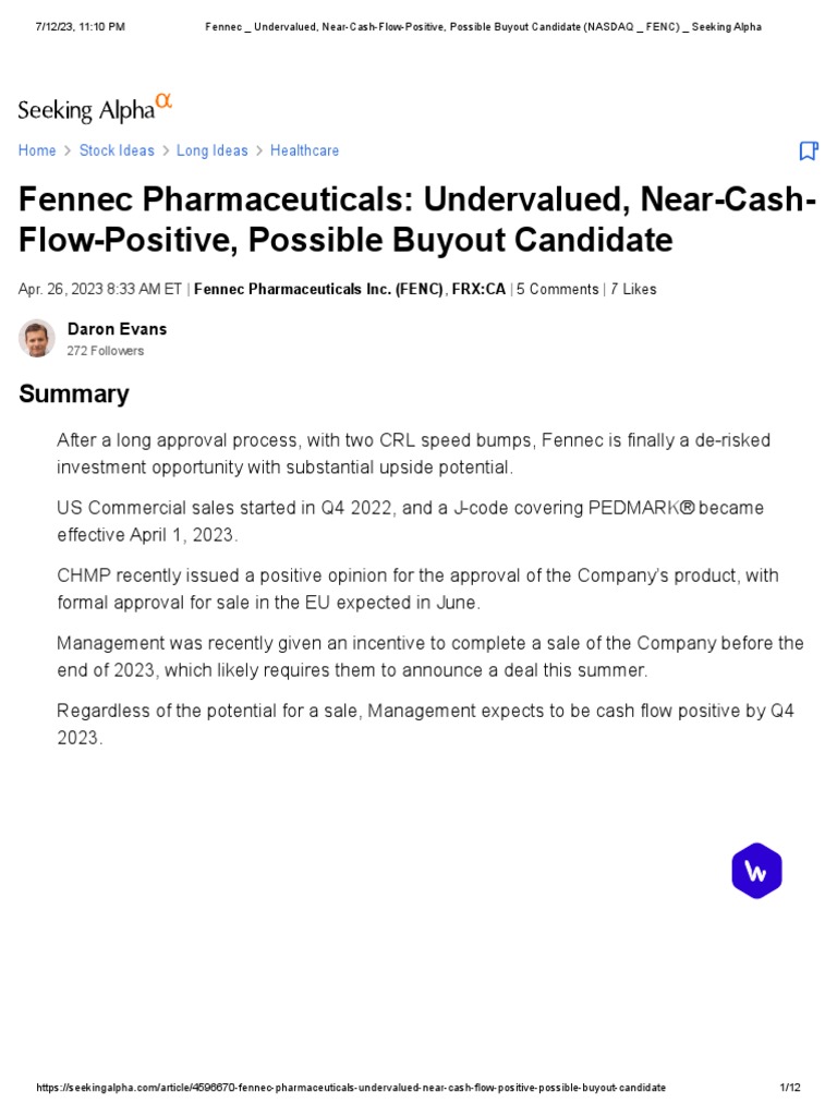 Fennec - Undervalued, Near-Cash-Flow-Positive, Possible Buyout Candidate (NASDAQ - FENC ...