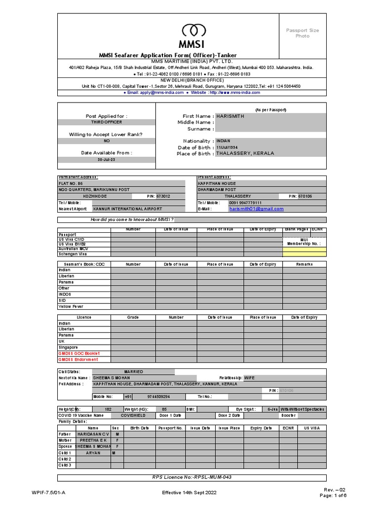 WPIF-7.5-01A MMSI Seafarer Application Form (Officer) - Tanker | PDF ...
