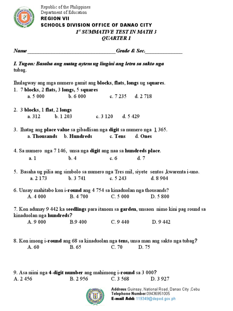 1st Summative Test in Math 3 | PDF