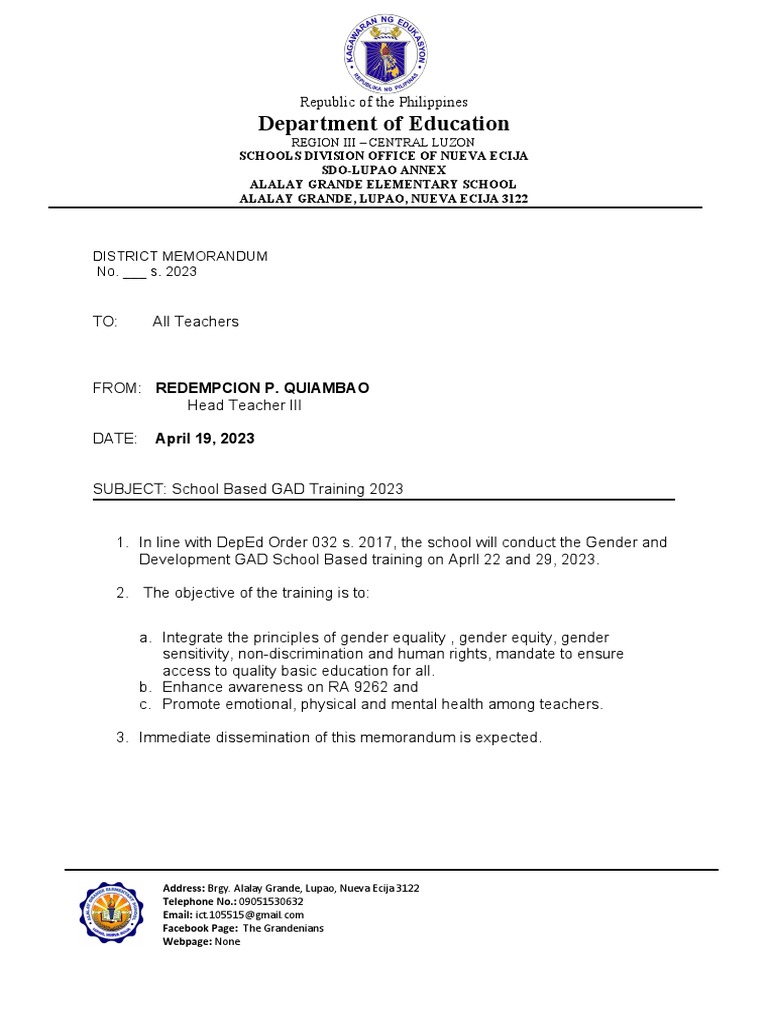 GAD Training Schedule for Teachers | PDF
