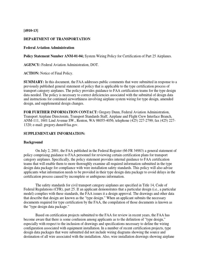 FAA Wiring Policy for Part 25 Aircraft | PDF