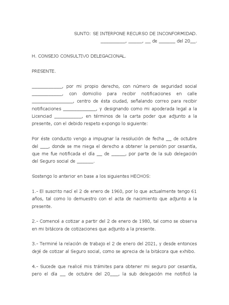 RECURSO DE INCONFORMIDAD POR NEGATIVA DE OTORGAMIENTO DE PENSIÓN POR CESANTÍA (IMSS) | PDF