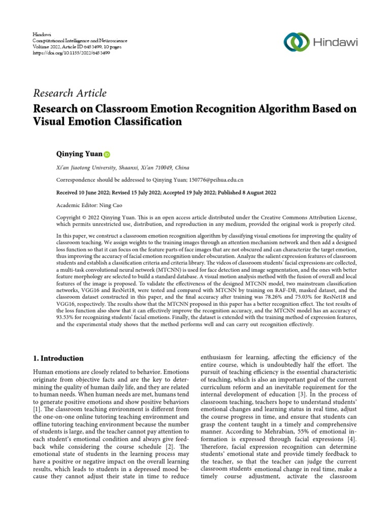 3 Research On Classroom Emotion Recognition Algorithm Based On Pdf