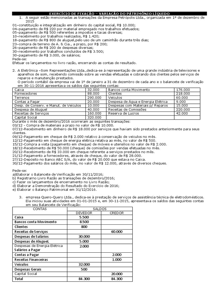 Exercício de Fixação Escrituração Variação Pat, Liquido | PDF | Cheque ...