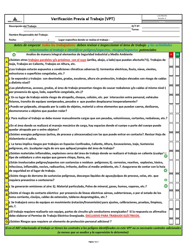 02-03-2022 Verificacion Previa Al Trabajo (VPT) Rev.6 | PDF
