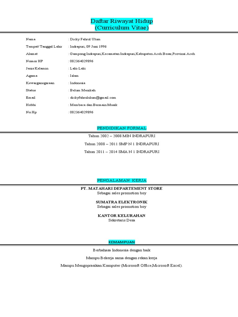 CV Dicky Fahrul Ulum: Pendidikan & Pengalaman | PDF