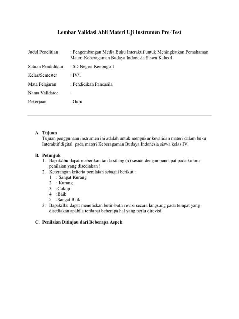 Lembar Validasi Ahli Instrumen Pre-Test | PDF