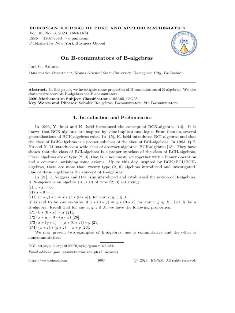 On B-Commutators of B-Algebras | PDF | Abstract Algebra | Mathematics