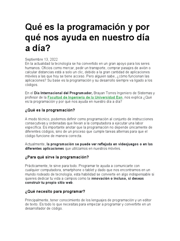 Qué Es La Programación y Por Qué Nos Ayuda en Nuestro Día A Día | PDF | Programación de ...