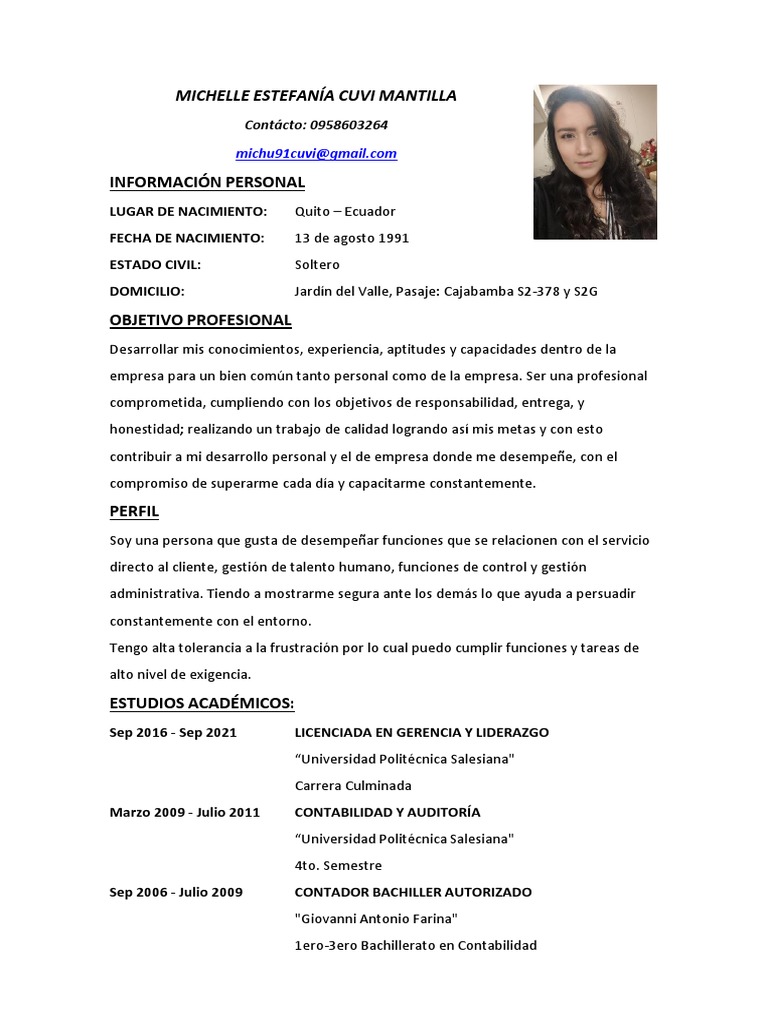 Perfil Profesional de Michelle Cuvi Mantilla | PDF